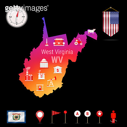 West Virginia Vector Map, Night View. Compass Icon, Map Navigation ...
