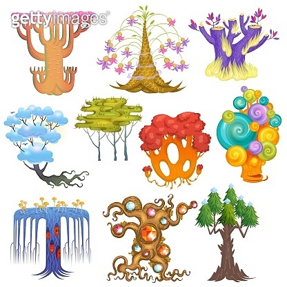 Magic tree vector fantasy forest with cartoon treetops and magical ...