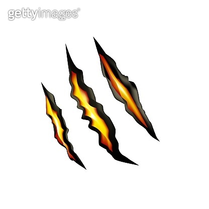 Claw marks, scratches on a white background with fire inside ...
