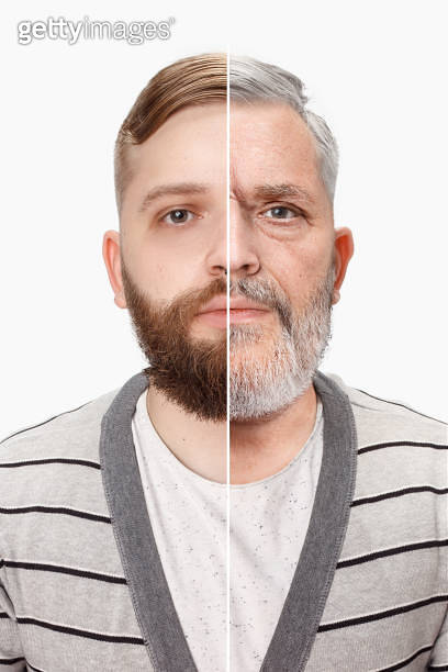 Collage of two portraits of the same old man and young man. Face ...