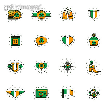 Collection of Irish symbols and Saint Patrick's Day flat color line ...