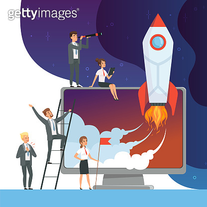 Launch startup concept. Business illustrations of office managers with rocket space new idea of ...