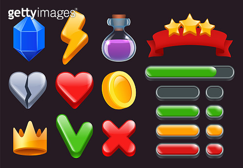 Game ui kit icons. Stars colored ribbons menus and status bars for ...