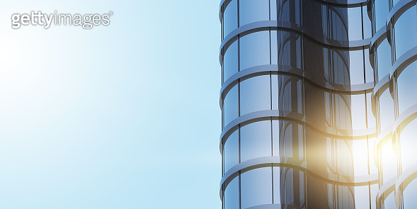 3D stimulate of high rise curve glass building and dark steel window ...