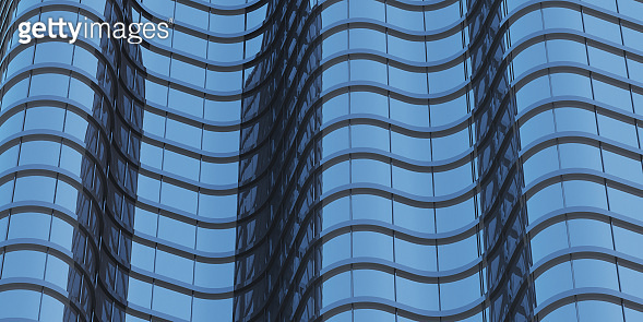 3D stimulate of high rise curve glass building and dark steel window ...