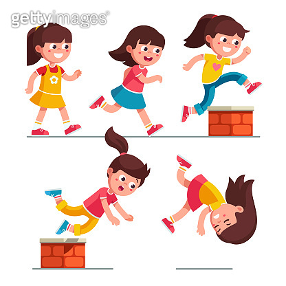 Smiling girl kid walking, running, jumping, stumbling on brick obstacle ...