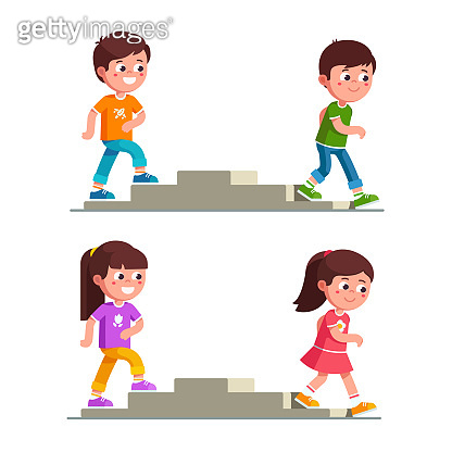 Smiling boys and girls making steps walking up and down stairs ...