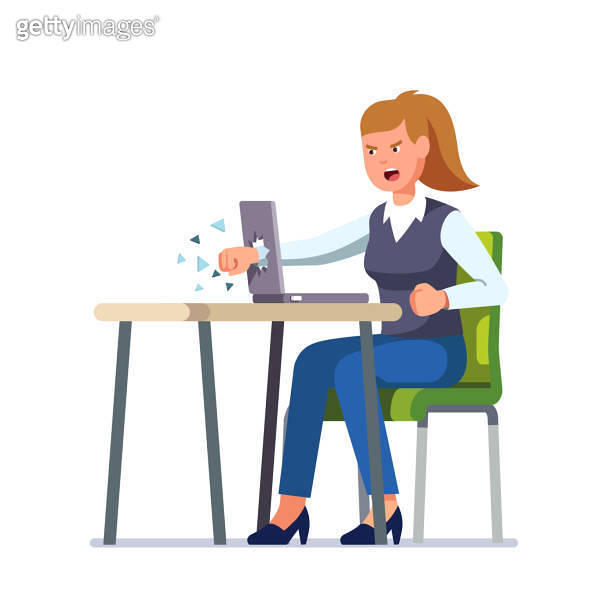 Angry businesswoman breaking laptop computer with a clenched fist ...