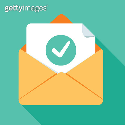 Opened envelope and document with green check mark line icon. Official ...