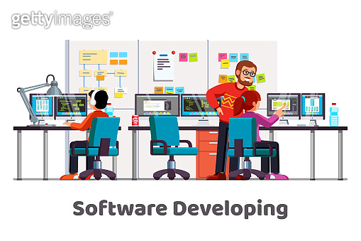 Programmers writing code in a software developing company office sitting at their workplaces ...
