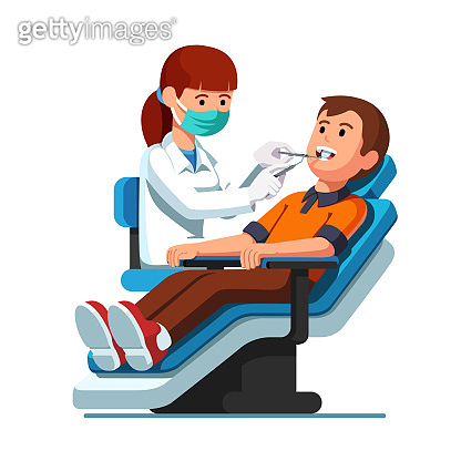 Dentist woman examining patient man teeth looking inside mouth holding ...