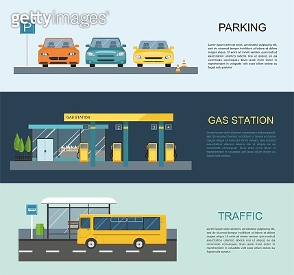 Transportation infographic. Gas station Bus Parking (909081776) - 게티이미지뱅크