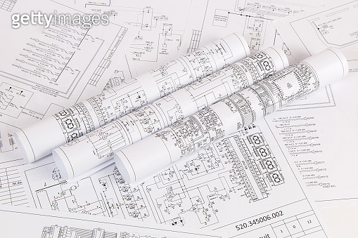 Electronics and Engineering. Printed drawings of electrical circuits ...