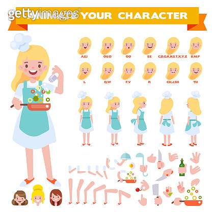 Cooking. Chef girl creation set with various views, hairstyles, face ...