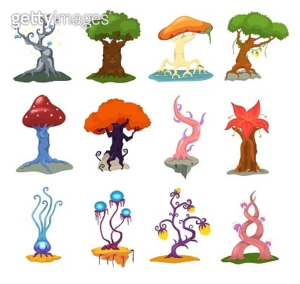 Magic tree vector fantasy forest with cartoon treetops and magical ...