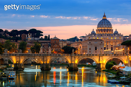 Sant' Angelo Bridge and St. Peter's cathedral in Vatican City Rome ...