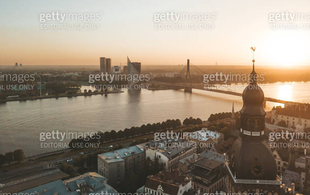 Amazing aerial view of the sunset over Old town of Riga, Vecriga in ...