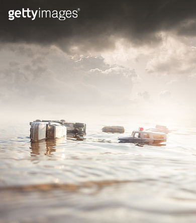 Scene of Crashed cars (miniature, toy model ) in flood from natural ...