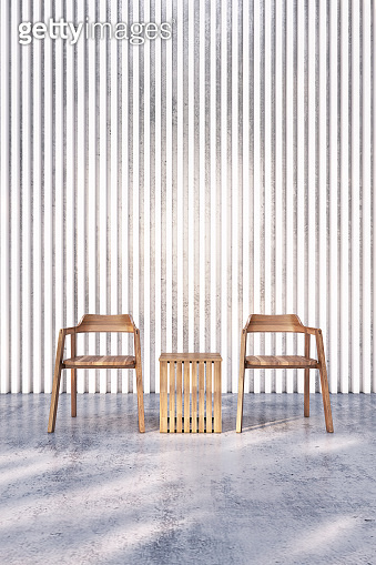 Wooden chair on bare concrete floor with white lath wall background. 3D ...