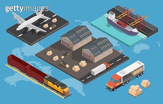 Logistics low poly isometric illustration with transportation process ...