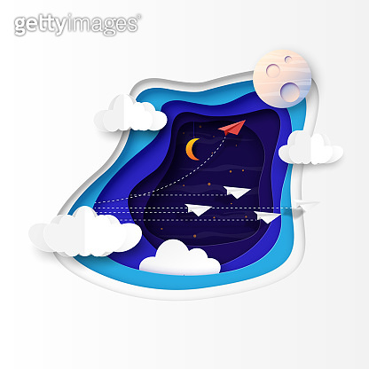 Paper airplanes teamwork flling on night sky scenery paper cut abstract ...