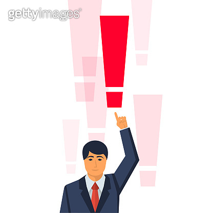 Businessman points to a big exclamation point. 이미지 (973452576) - 게티이미지뱅크