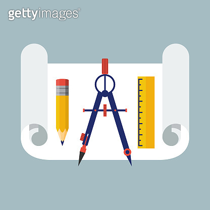 Compasses ruler and pencil on white sheet 이미지 (1055140408) - 게티이미지뱅크
