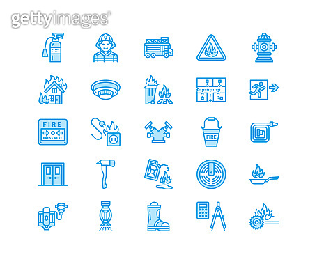 Firefighting, fire safety equipment flat line icons. Firefighter car ...