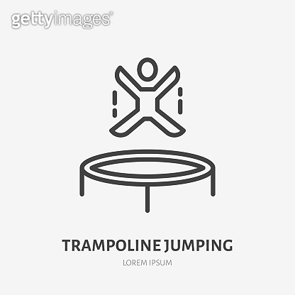 Flat line icon of happy person jumping on trampoline. Trampolining sign ...