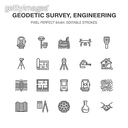 Geodetic survey engineering vector flat line icons. Geodesy equipment ...