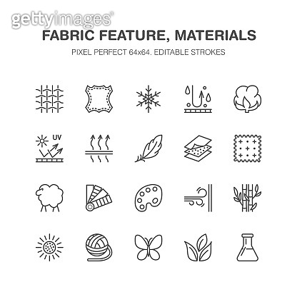 Fabric feature, clothes material vector flat line icons. Garment ...