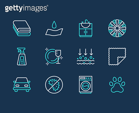 Microfiber cloth properties flat line icons. Absorbing material, dust ...