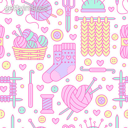 Knitting, crochet seamless pattern. Cute vector flat line illustration ...