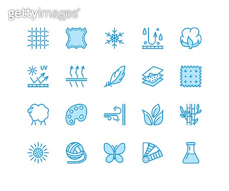 Fabric feature, clothes material vector flat line icons. Garment ...