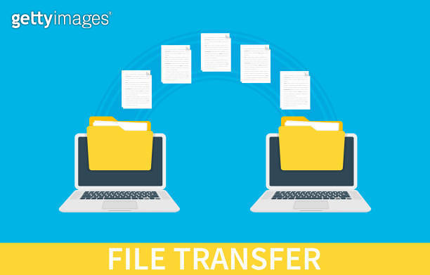 File transfer. Two laptops with folders on screen and transferred documents. Copy files, data ...