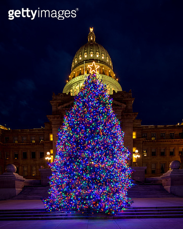 Close up of the Christmas tree in Boise Idaho on the State Capital ...