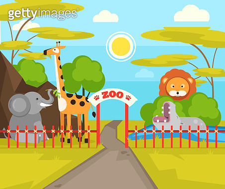Zoo park with wild animals. Vector flat cartoon illustration (930994056 ...