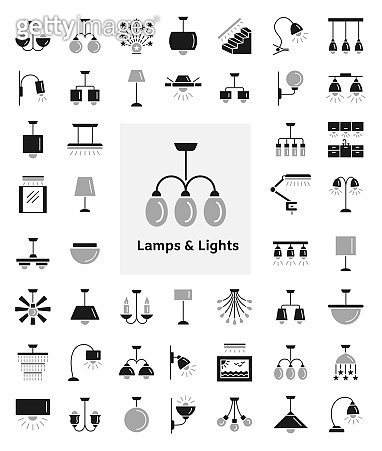 Different kinds of wall, ceiling, table and floor lamps. Modern light ...