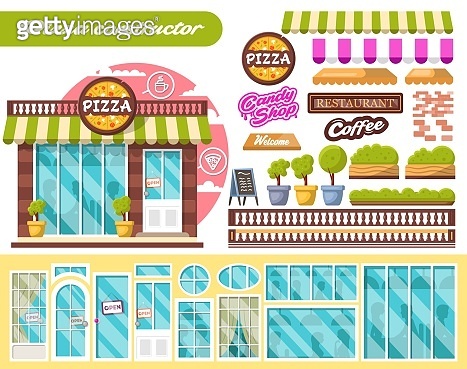 Constructor flat design city public pizza buildings with storefronts ...