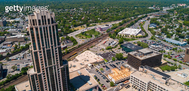 The aerial panoramic view to the skyscrapers in the Downtown of New ...