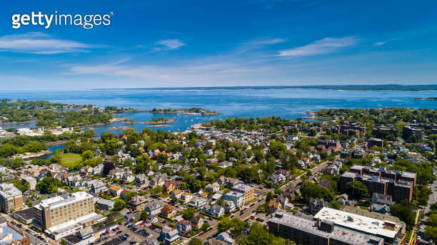 The scenic panoramic view to the Atlantic seashore and the marina in ...