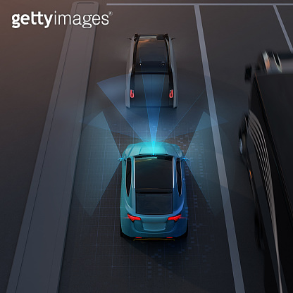 Rear view of blue SUV emergency braking to avoid car crash (960714078 ...