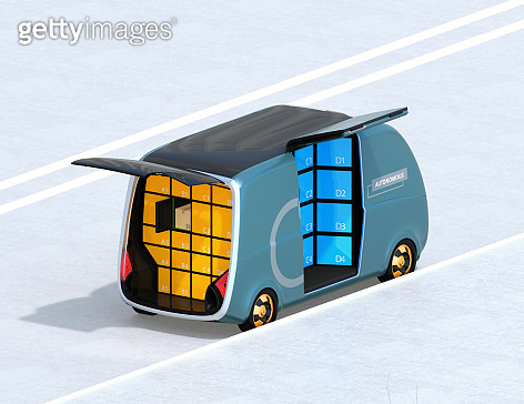 Isometric view of metallic blue delivery van parking side of road 이미지 ...