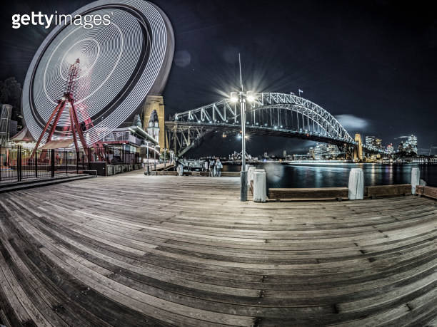 fisheye view of sydney harbor bridge and big wheel 이미지 (1044631580 ...