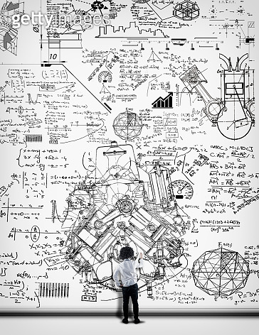 Young man solving math problema drawn on a white wall. 이미지 (1066604006 ...