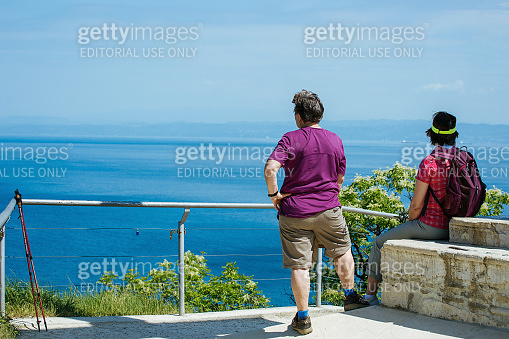 People looking at Adriatic Sea in Strunjan national Park Slovenia 이미지 ...