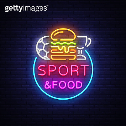 Sport Food Neon Sign Vector. Sports food logo in neon style, light ...