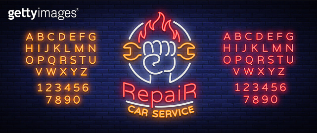Car service repair logo vector, neon sign emblem. Vector illustration ...