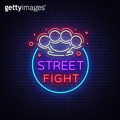 Street fight in neon style. Fight Club neon sign. with brass knuckles ...