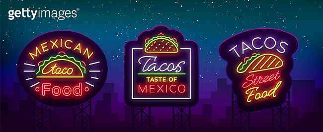 Tacos set of neon-style logos. Collection of neon signs, symbols ...